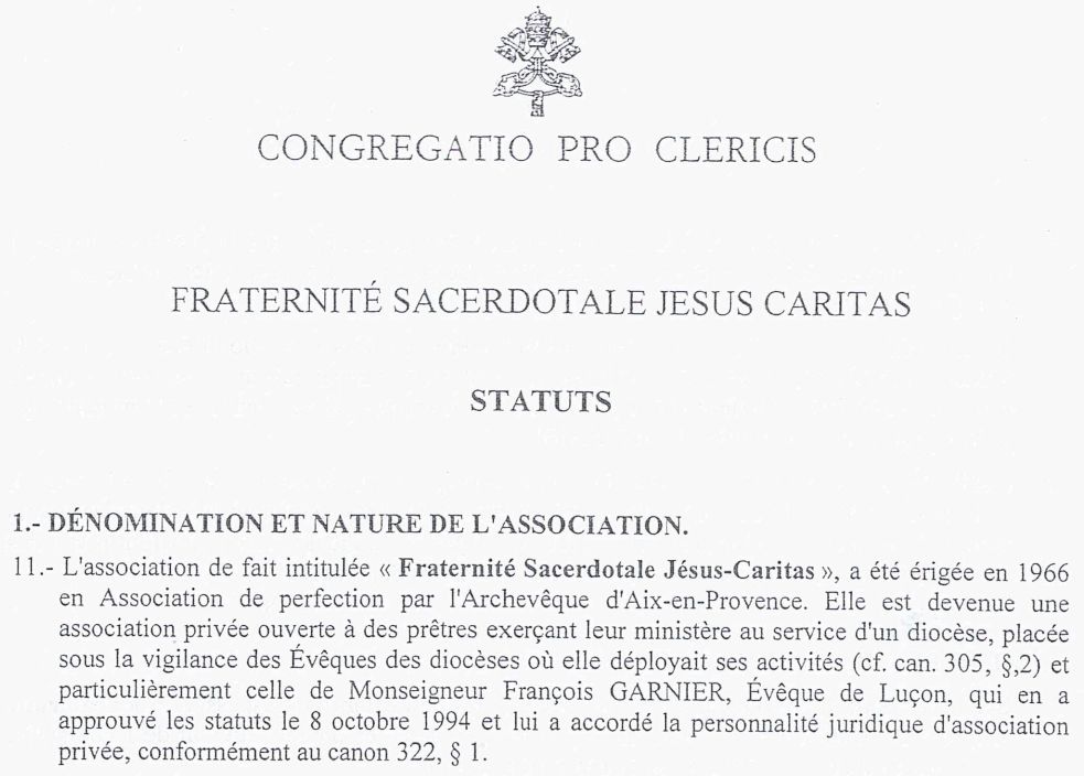 Statut de la fraternité et Décret – Iesus Caritas